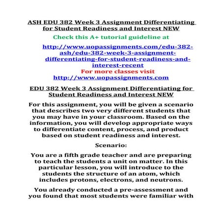 Ash edu 382 week 3 assignment differentiating for student readiness and interest new | PDF