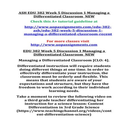 Ash edu 382 week 5 discussion 1 managing a differentiated classroom | PDF