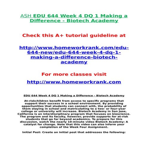 Ash edu 644 week 4 dq 1 making a difference | PDF