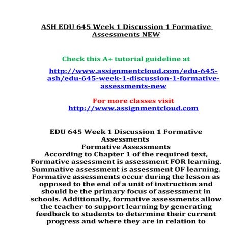Ash edu 645 week 1 discussion 1 formative assessments new | PDF