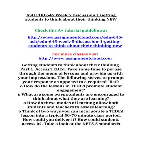 Ash edu 645 week 5 discussion 1 getting students to think about their thinking new | PDF