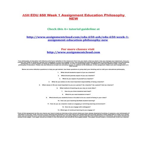 Ash edu 650 week 1 assignment education philosophy new | PDF