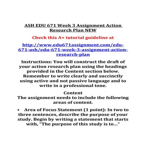 Ash edu 671 week 3 assignment action research plan new | PDF