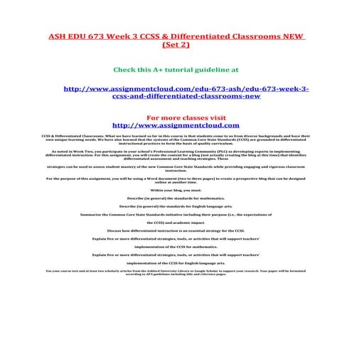 Ash edu 673 week 3 ccss | DOC | Educational Assessment | Education