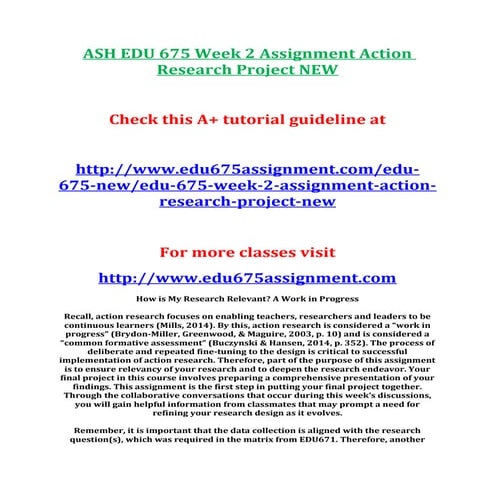 Ash edu 675 week 2 assignment action research project new | DOC