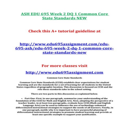 Ash edu 695 week 2 dq 1 common core state standards new | DOC | Educational Assessment | Education