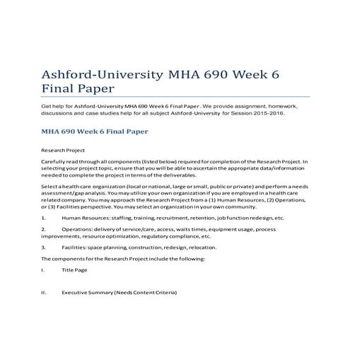 Ashford university mha 690 week 6 final paper | PDF