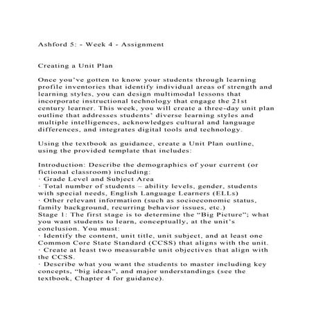 Ashford 5 - Week 4 - AssignmentCreating a Unit PlanOnce.docx