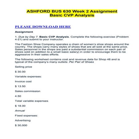 Ashford bus 630 week 2 assignment basic cvp analysis | DOCX | Sales | Business