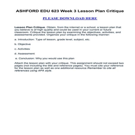 Ashford edu 623 week 3 lesson plan critique | DOCX