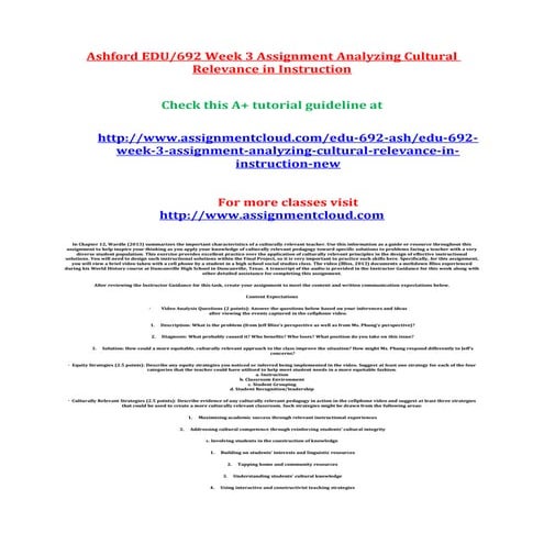 Ashford edu 692 week 3 assignment analyzing cultural relevance in instruction | PDF