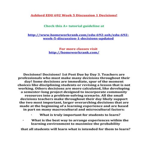 Ashford edu 692 week 5 discussion 1 decisions | PDF