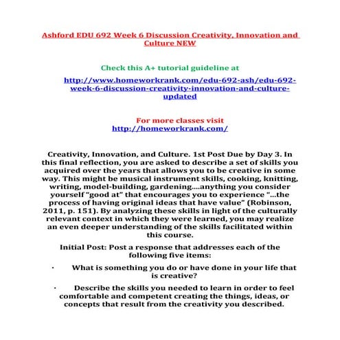 Ashford edu 692 week 6 discussion creativity | PDF