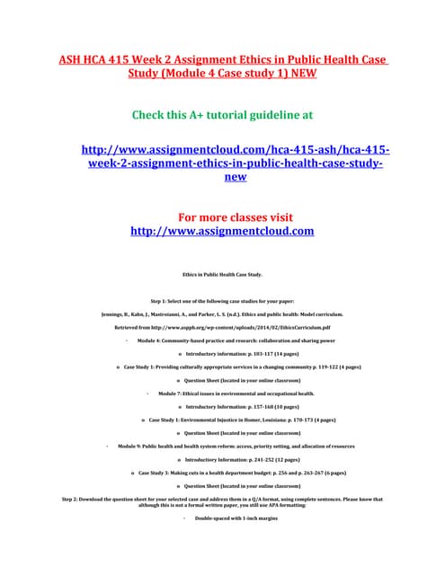 Ash hca 415 week 2 assignment ethics in public health case study1 | PDF