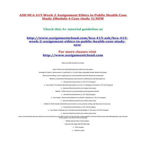 Ash hca 415 week 2 assignment ethics in public health case study ...