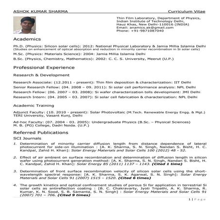 Photovoltaic R&D Ashok kumar sharma CV | PDF