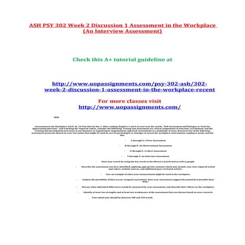 Ash psy 302 week 2 discussion 1 assessment in the workplace | DOC