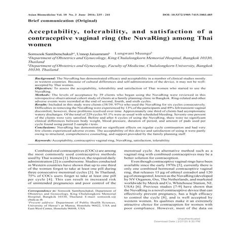 [Asian biomedicine] acceptability tolerability and satisfaction of a contraceptive vaginal ring ...
