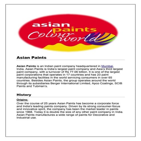 Asian paints | DOCX | Manufacturing Industry | Industries