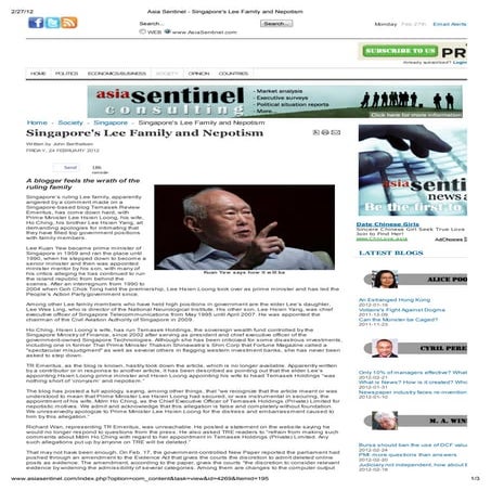 Asia sentinel singapore's lee family and nepotism | PDF