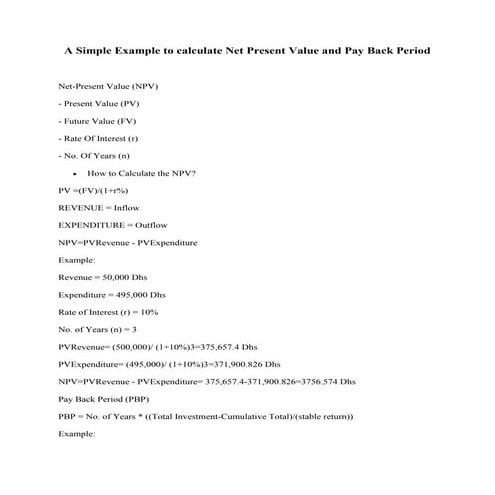 A simple example to calculate net present value and pay back period | PDF