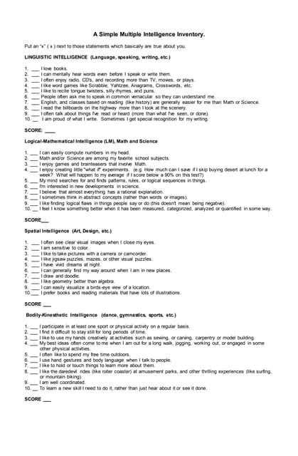 Multiple intelligences test | PDF | Games and Puzzles | Hobbies & Interests