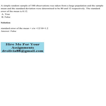 A Simple Random Sample Of 100 Observations Was Taken From A Large Po Pdf