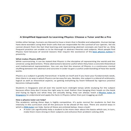 A simplified approach to learning Physics: Choose a tutor and be a pro ...