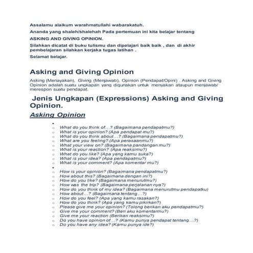 Asking and giving opinion 8 (1 3) | DOC