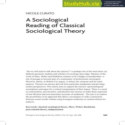 A Sociological Reading Of Classical Sociological Theory | PDF