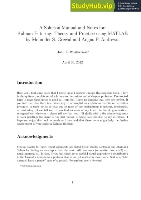 A Solution Manual And Notes For Kalman Filtering Theory And Practice