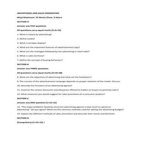 Advertising and sales promotion question paper | DOCX