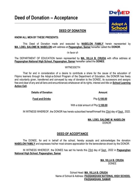 Deed of Donation Brigada Eskwela / Adopt A School | PDF