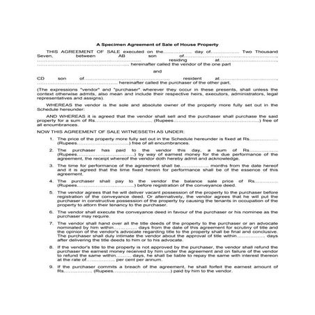 A specimen agreement of sale of house property | PDF