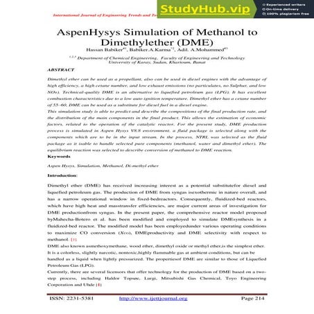 AspenHysys Simulation Of Methanol To Dimethylether (DME | PDF