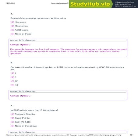 Assembly Language Programming Questions And Answers | PDF