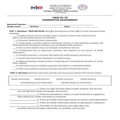 Assesment grade 10 health | DOCX