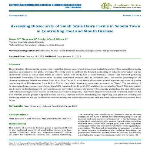 Assessing Biosecurity of Small Scale Dairy Farms in Sebeta Town in ...