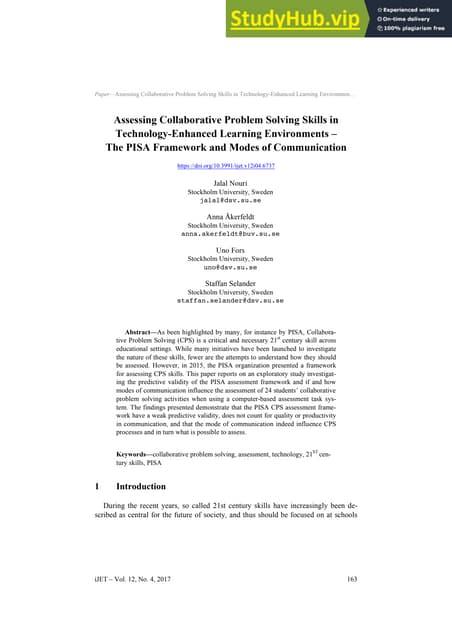 Assessing Collaborative Problem Solving Skills In Technology Enhanced