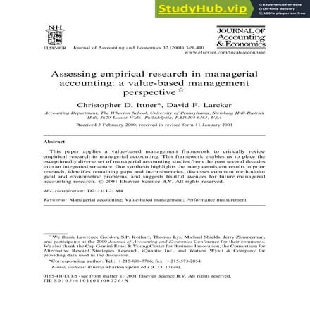 Assessing Empirical Research In Managerial Accounting A Value-Based Management Perspective | PDF
