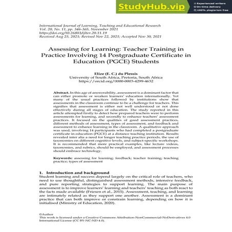 Assessing For Learning Teacher Training In Practice Involving 14 ...