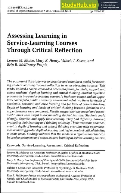 Assessing Service-Learning And Civic Engagement Principles And Techniques | PDF