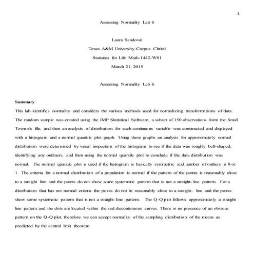 Assessing normality lab 6 | DOCX
