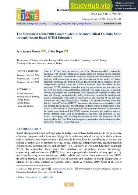 Analysis Of Students Critical Thinking Skill Of Middle School Through STEM Education Project ...