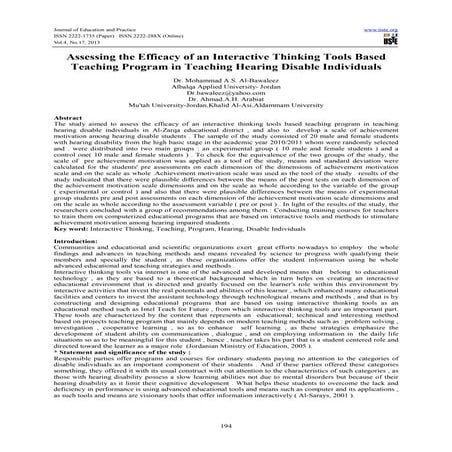 Assessing The Efficacy Of An Interactive Thinking Tools Based Teaching Program In Teaching