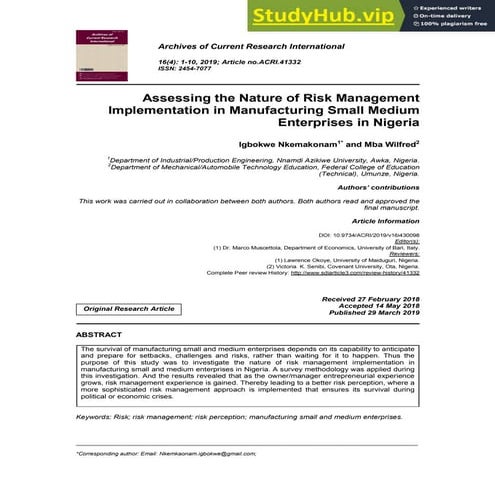 Assessing The Nature Of Risk Management Implementation In Manufacturing ...