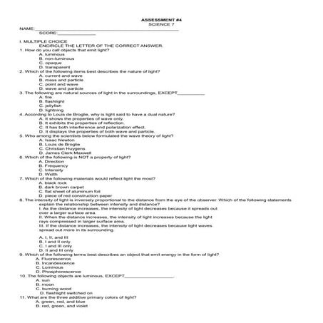 Grade 7th light test | DOCX