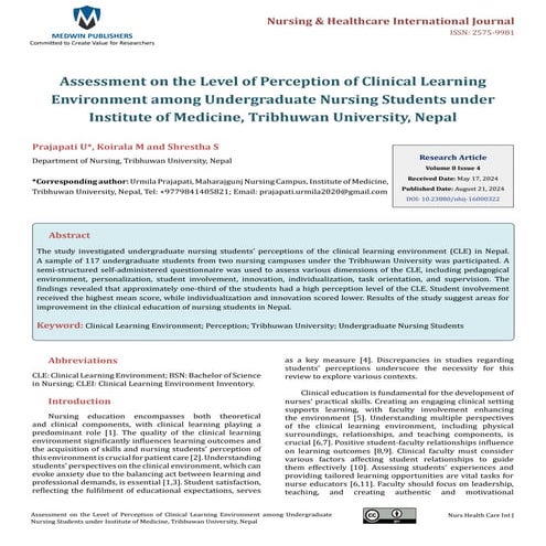 Assessment on the Level of Perception of Clinical Learning Environment among Undergraduate ...