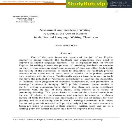 Assessment And Academic Writing A Look At The Use Of Rubrics In The ...