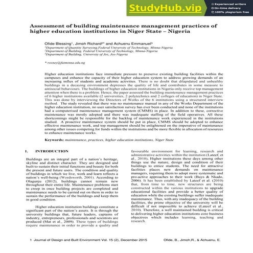 Assessment Of Building Maintenance Management Practices Of Higher ...